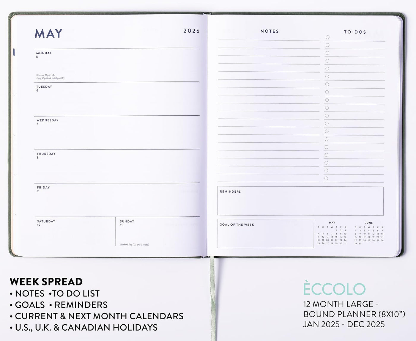 Eccolo 2025 Sage Green Large Bound Planner