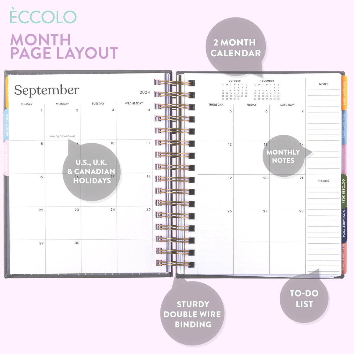 Eccolo 2024-2025 Spiral Fun Planner - Grey Thick Elastic